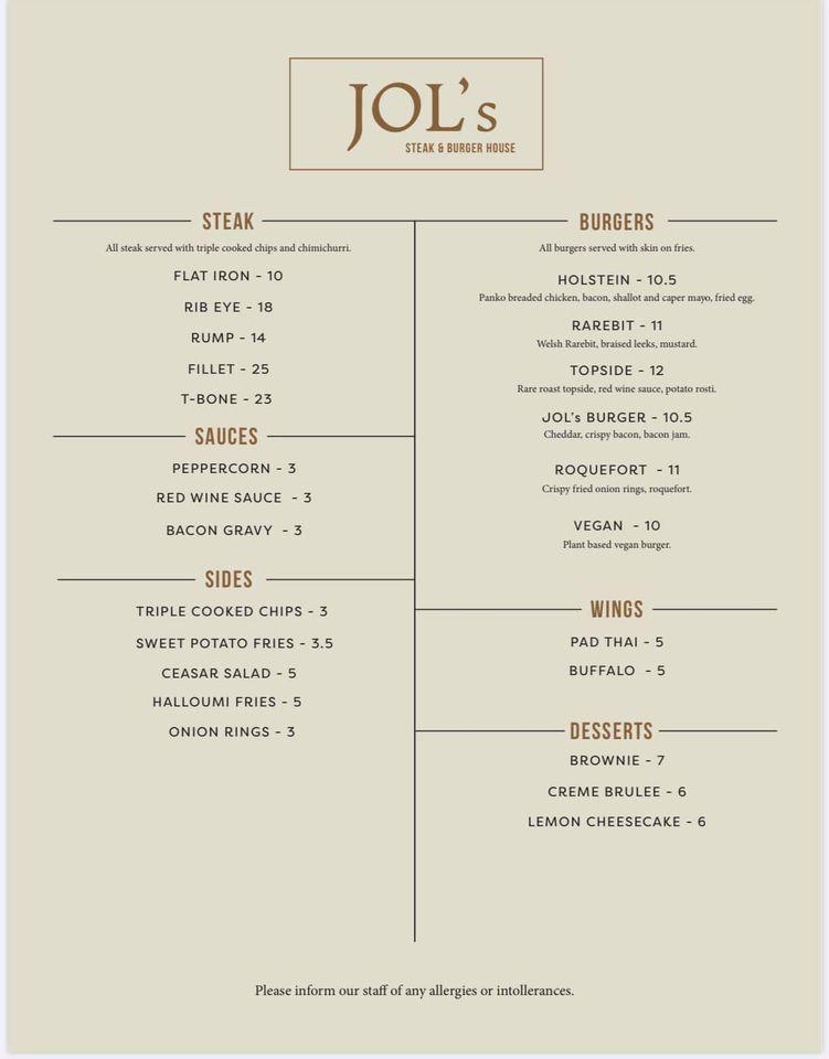 Menu at JOL's restaurant, Merthyr Tydfil