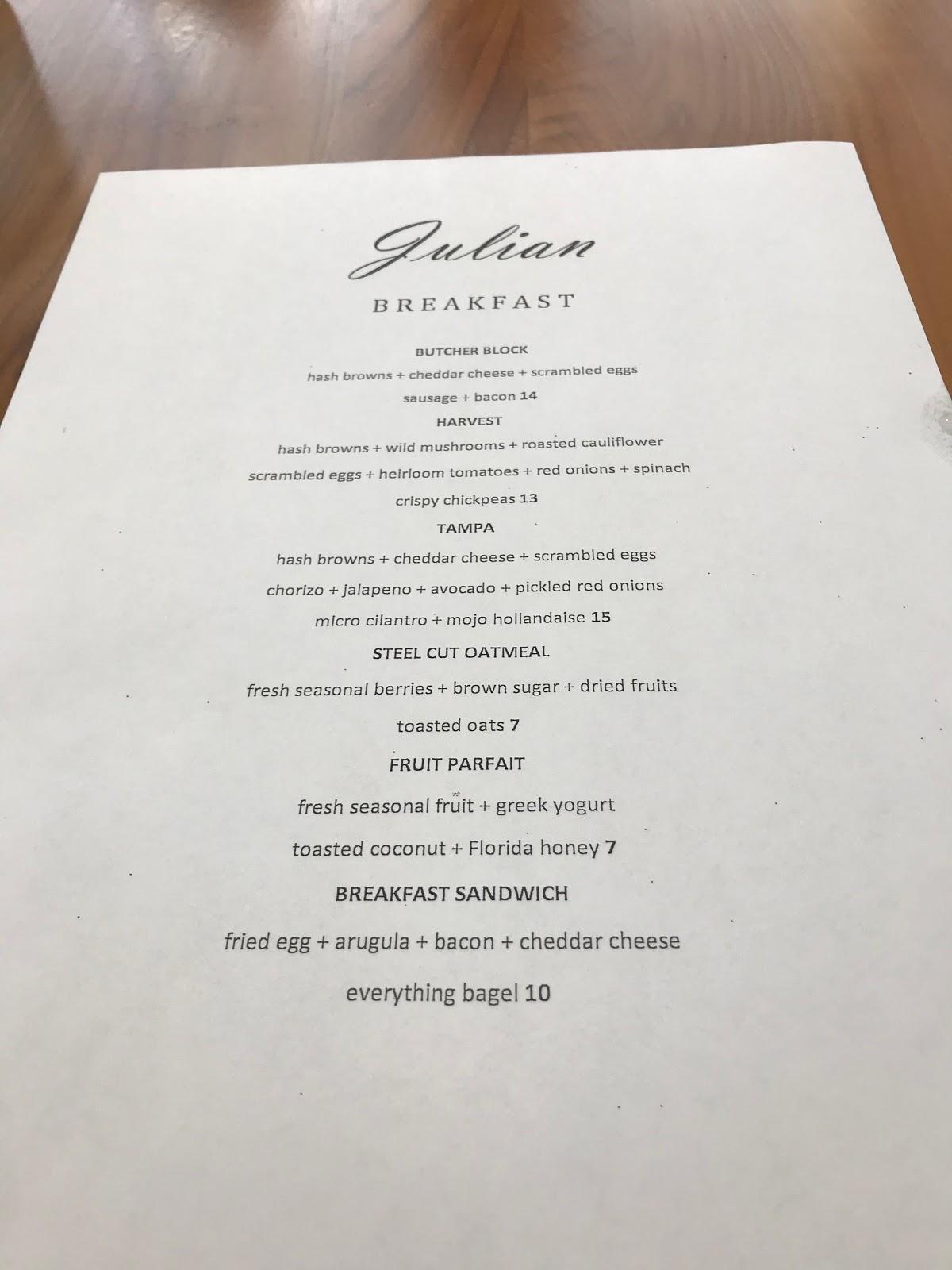 Menu at Julian Restaurant, Tampa