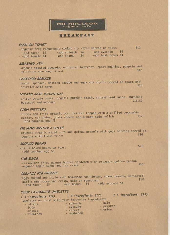 Menu at Mr Macleod cafe, Macleod