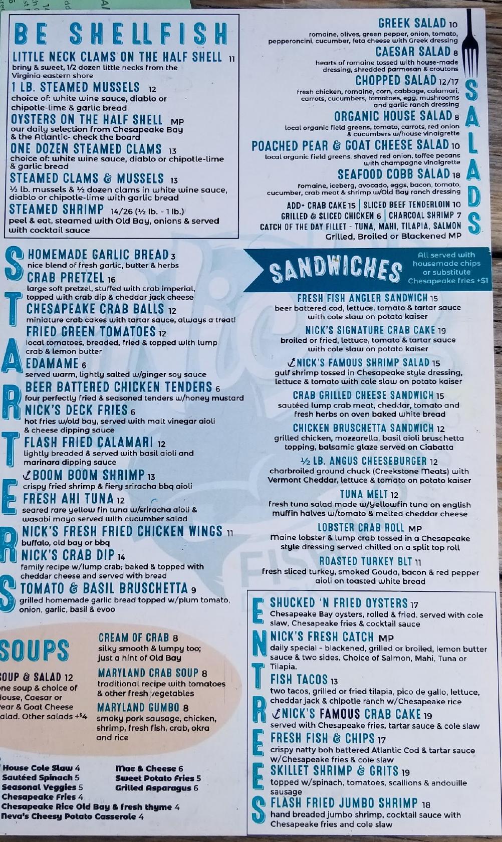 Menu at Nick's Fish House restaurant, Baltimore