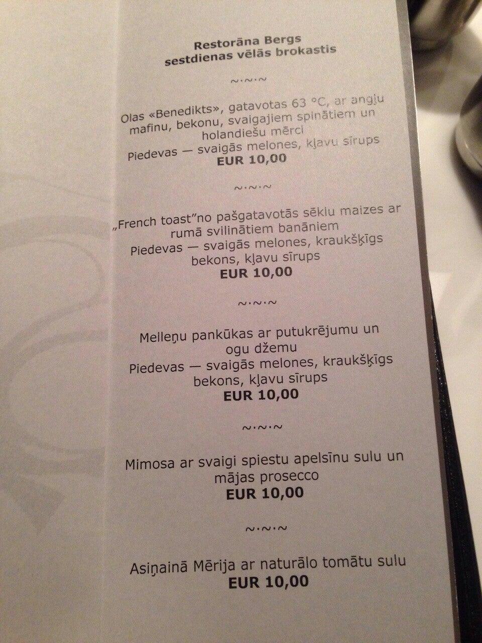 Menu at Restaurant Bergs, Riga