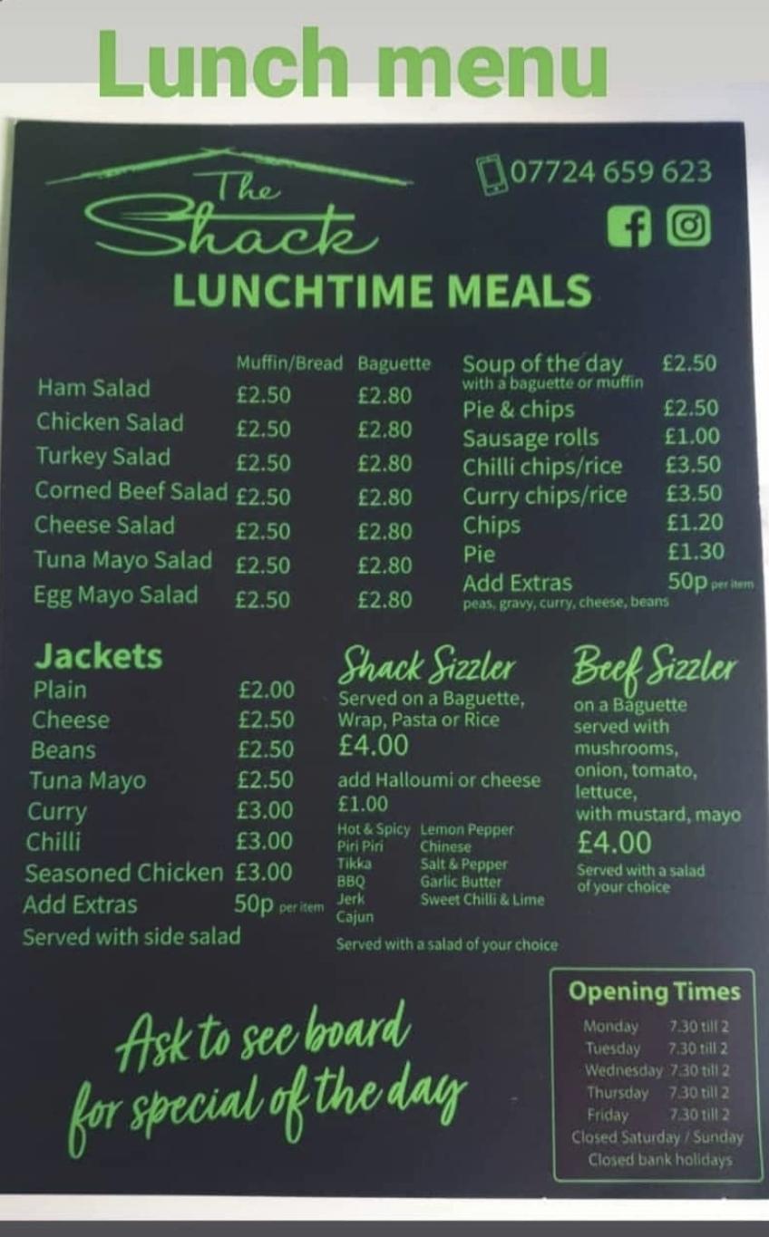 Menu at The Shack cafe, Oldham
