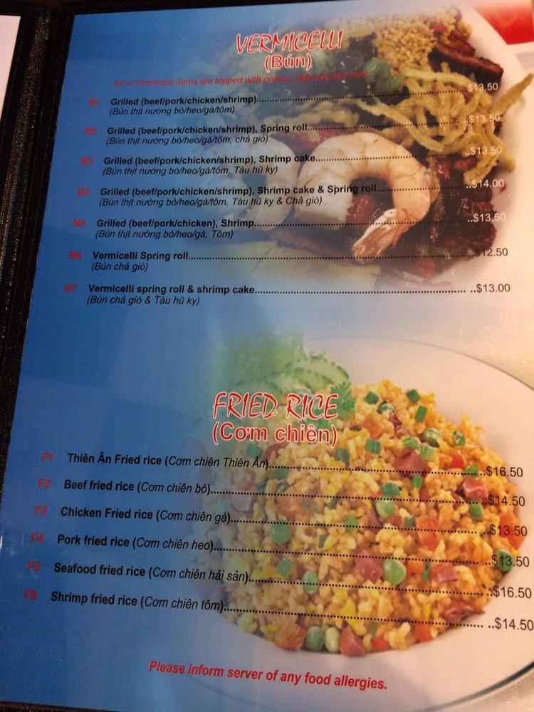 Menu at Thiên Ân Restaurant, Edmonton
