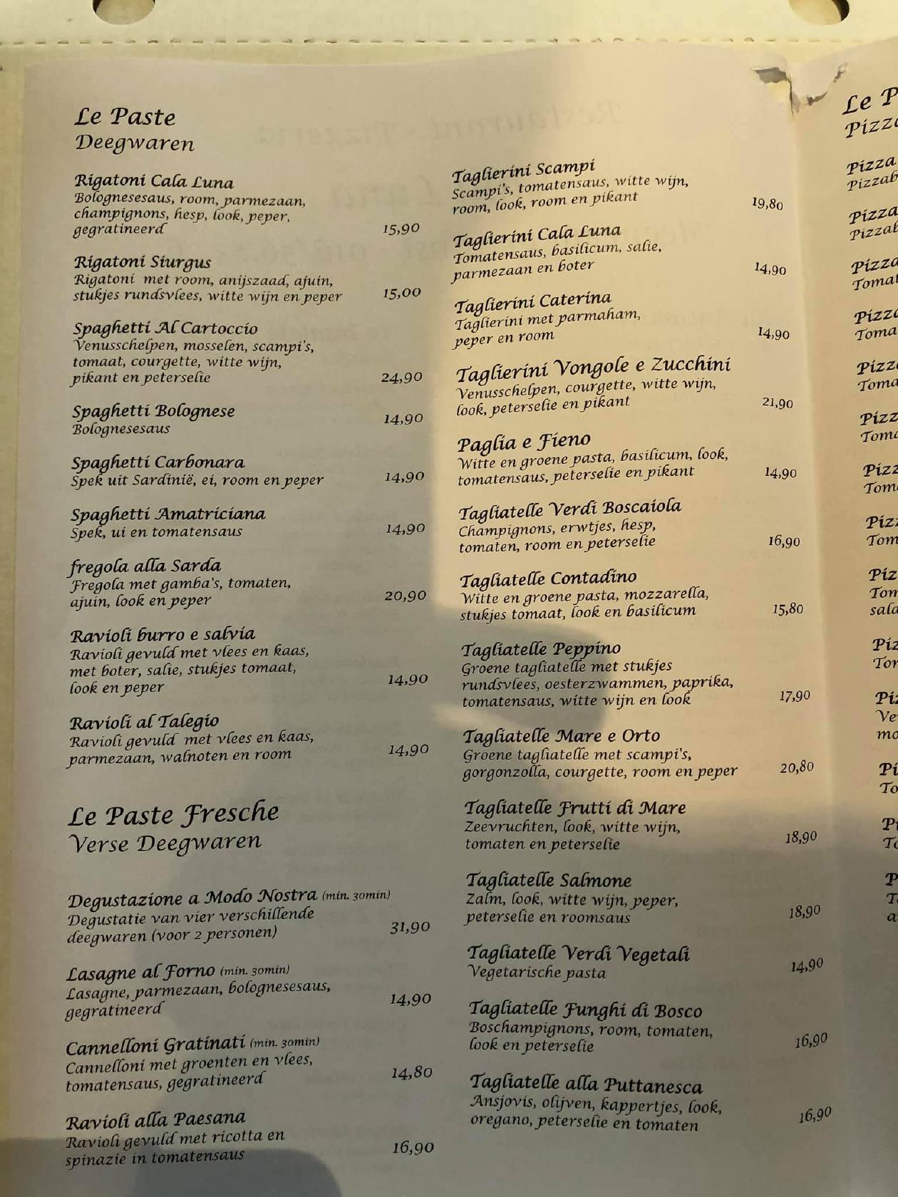 Menu at Calaluna, Aarschot