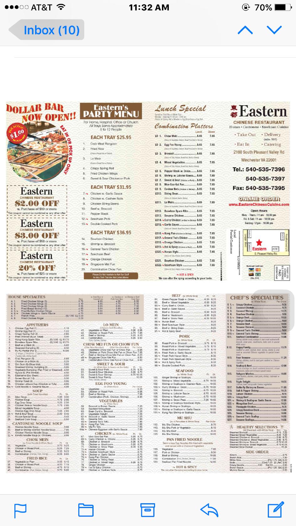 Menu at Eastern Chinese Restaurant, Winchester