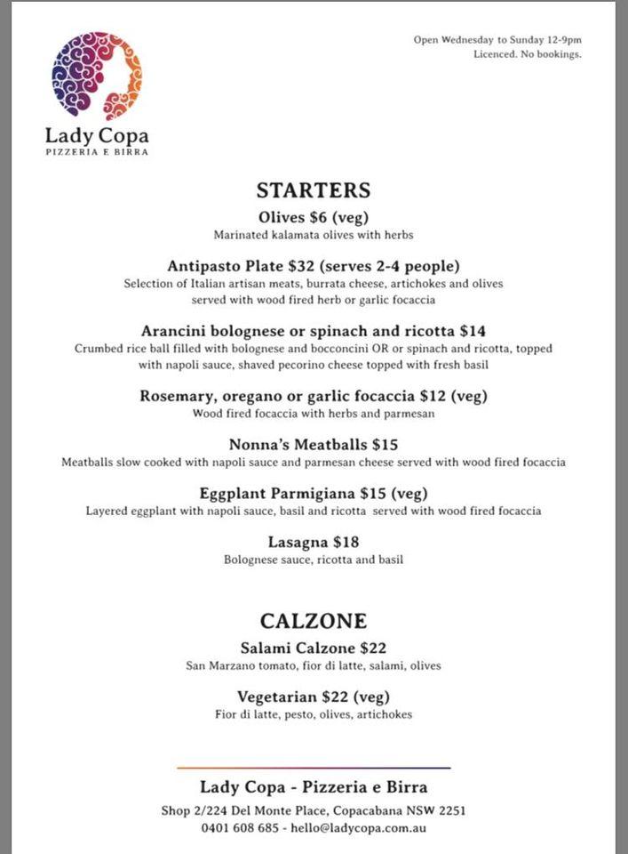 Menu at Lady Copa Pizzeria e Birra, Copacabana