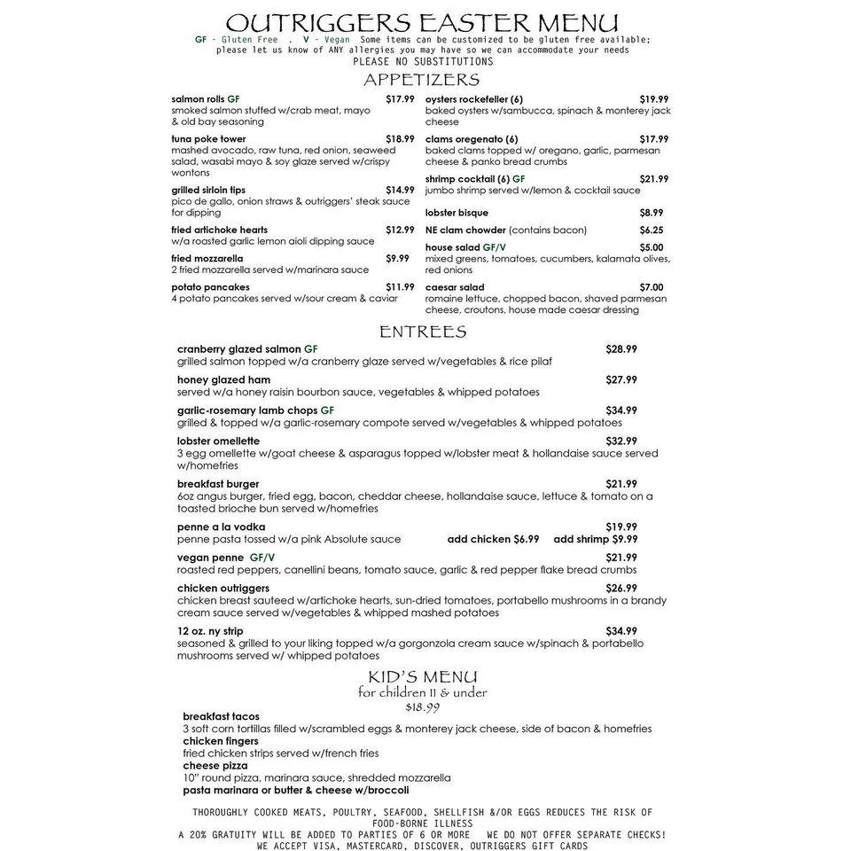 Menu at Outriggers Restaurant, Stratford