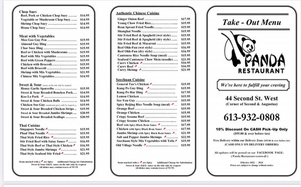 Menu at Panda restaurant, Cornwall