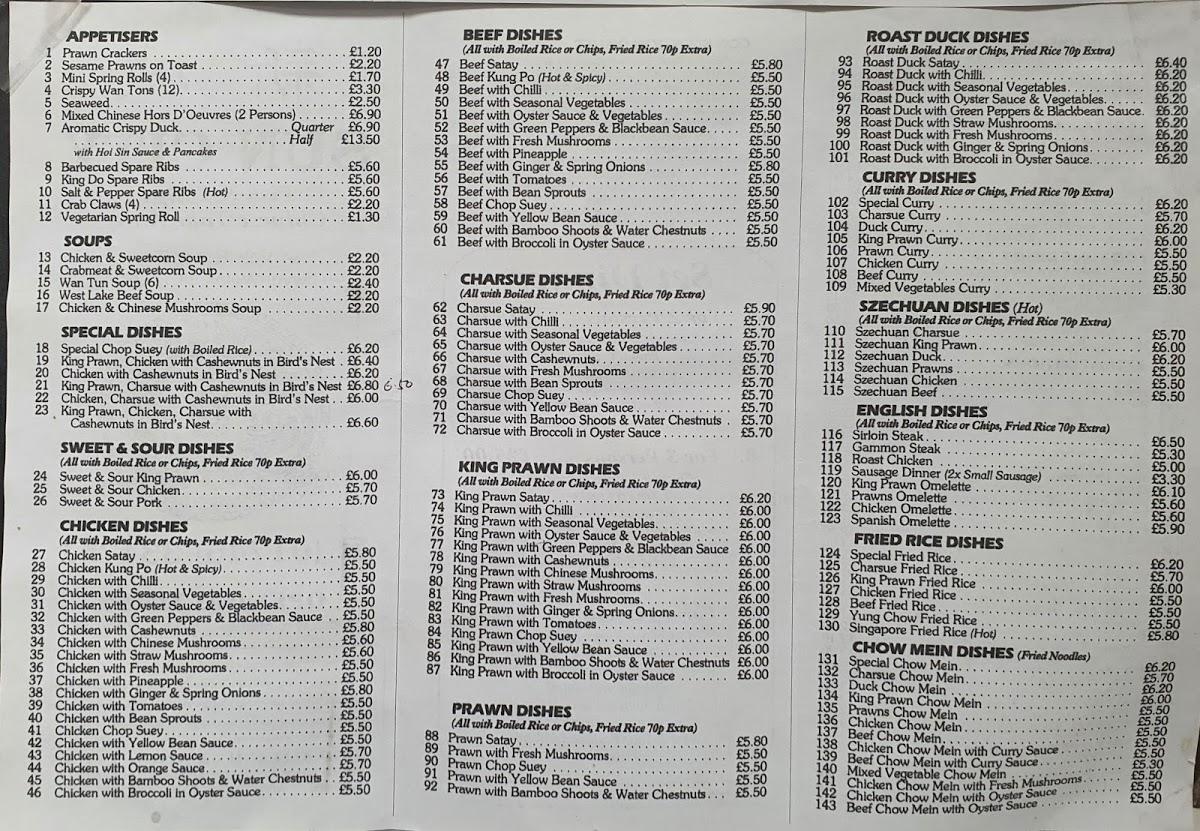 Menu at Sun City fast food, Rhyl