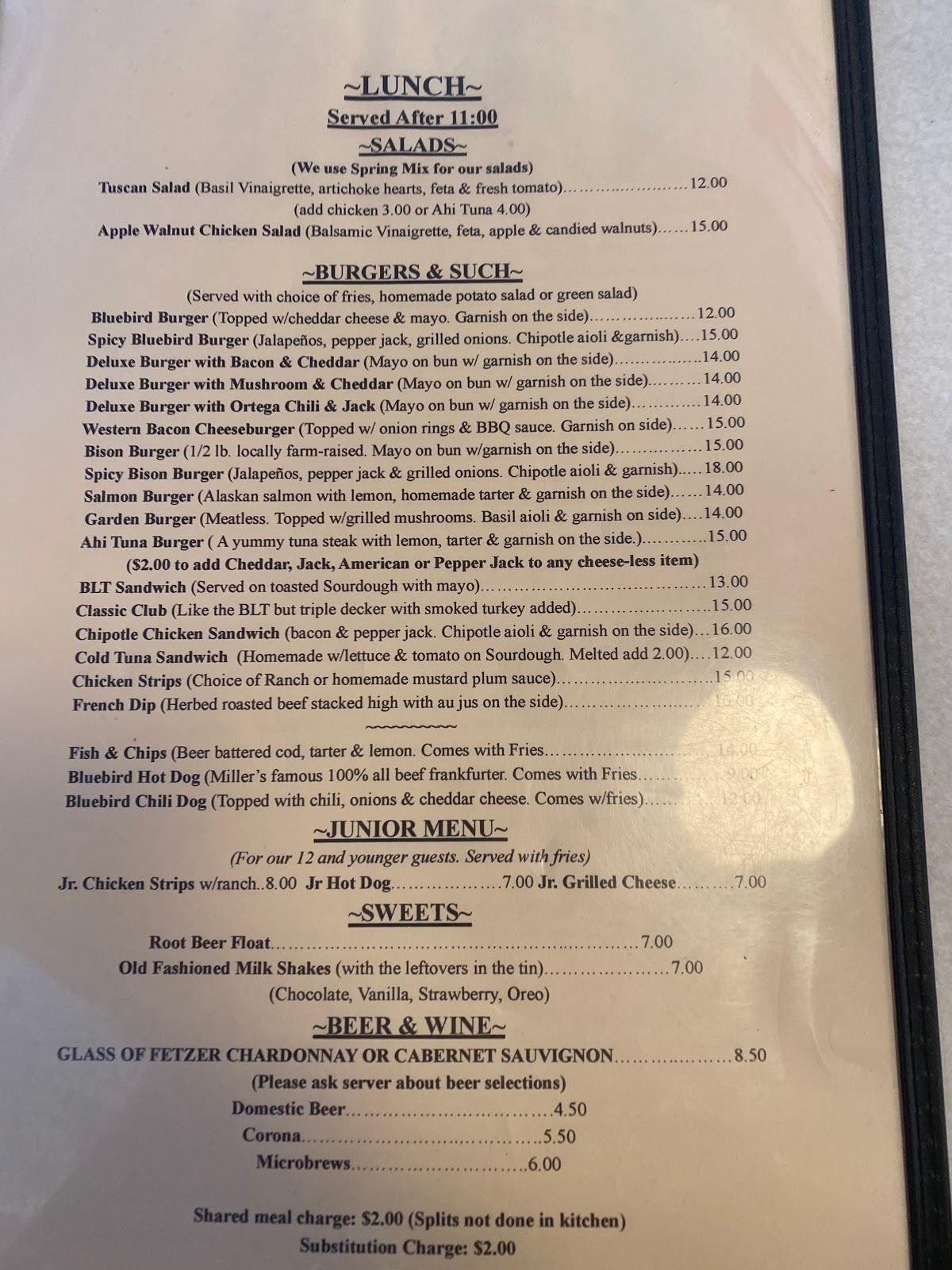 Menu at Bluebird Cafe, Hopland, US-101