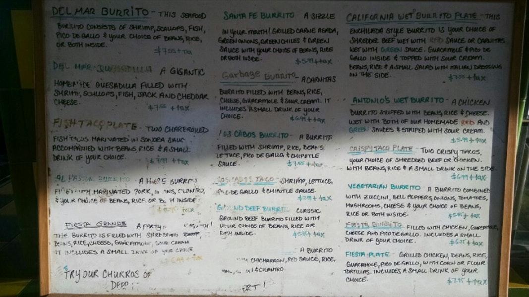 Menu at Cha-Cha's Tacos restaurant, Redlands