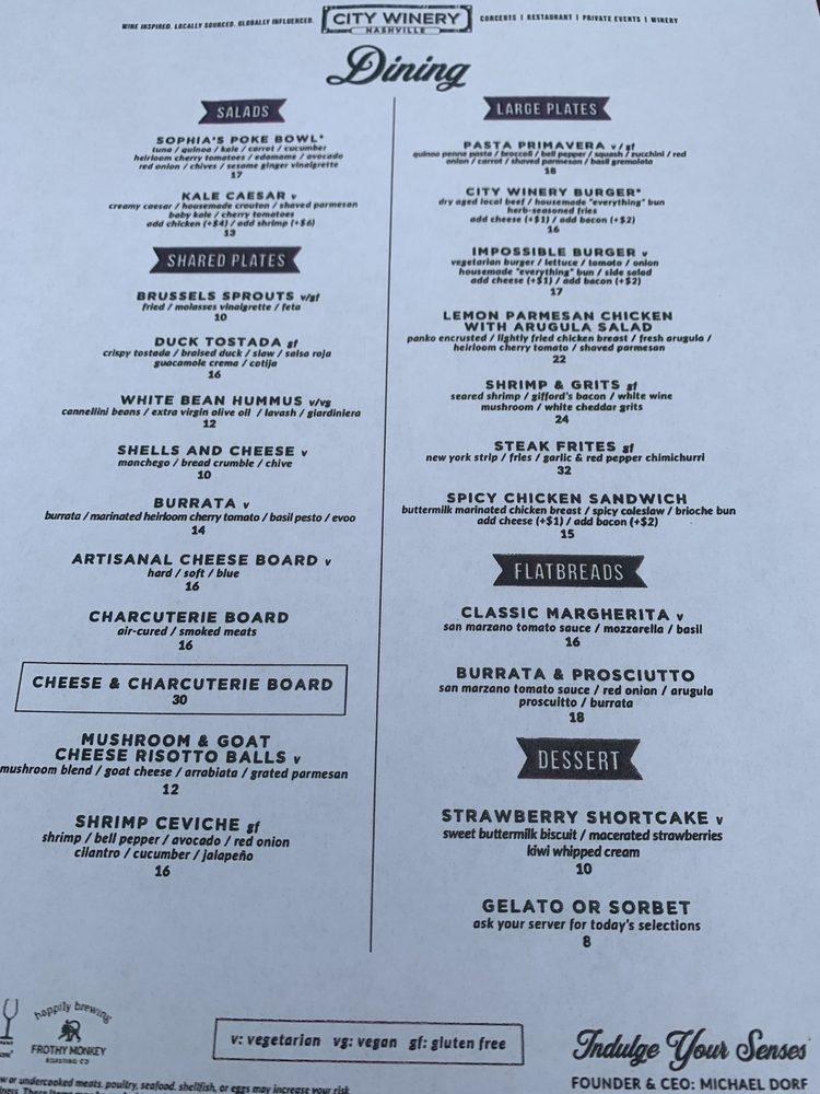 Menu at City Winery Nashville pub & bar, Nashville