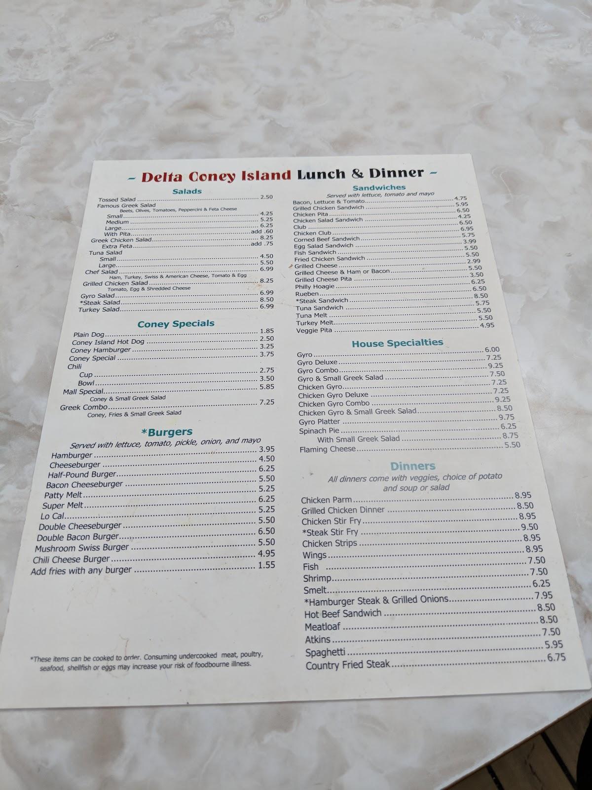 Menu at Delta Coney Island restaurant, Monroe