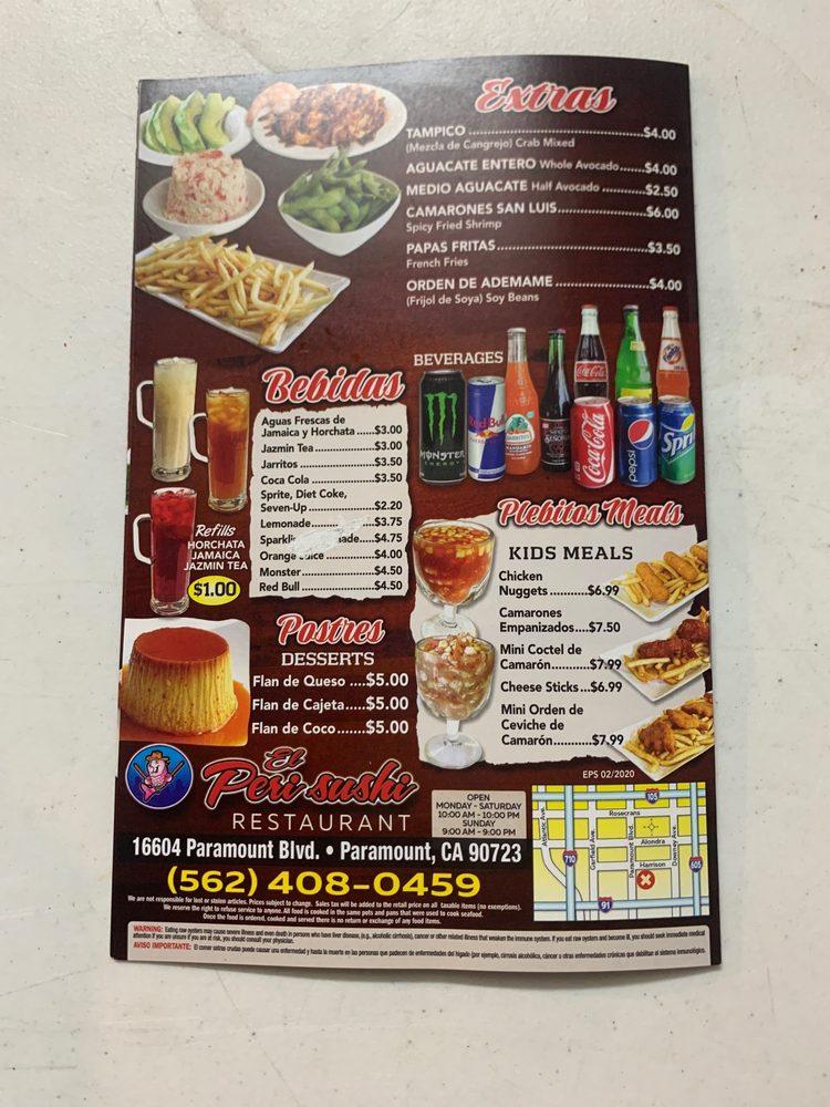 Menu at El Peri Sushi restaurant, Paramount