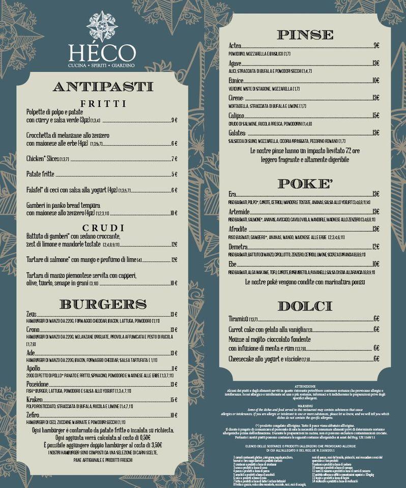 Menu at HÉCO restaurant, Rome, Via Portuense
