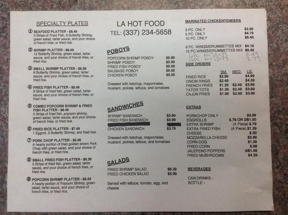 Menu at LA Hot Food restaurant, Lafayette, Moss St
