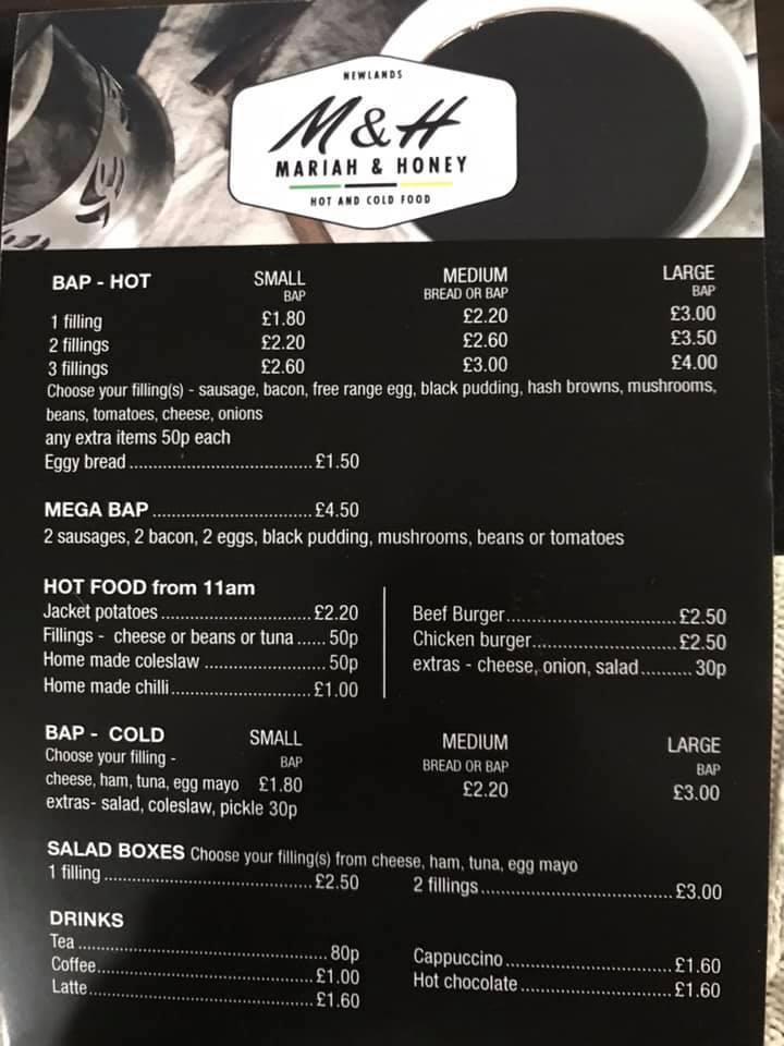 Menu at M&H hot and cold foods restaurant, Long Eaton
