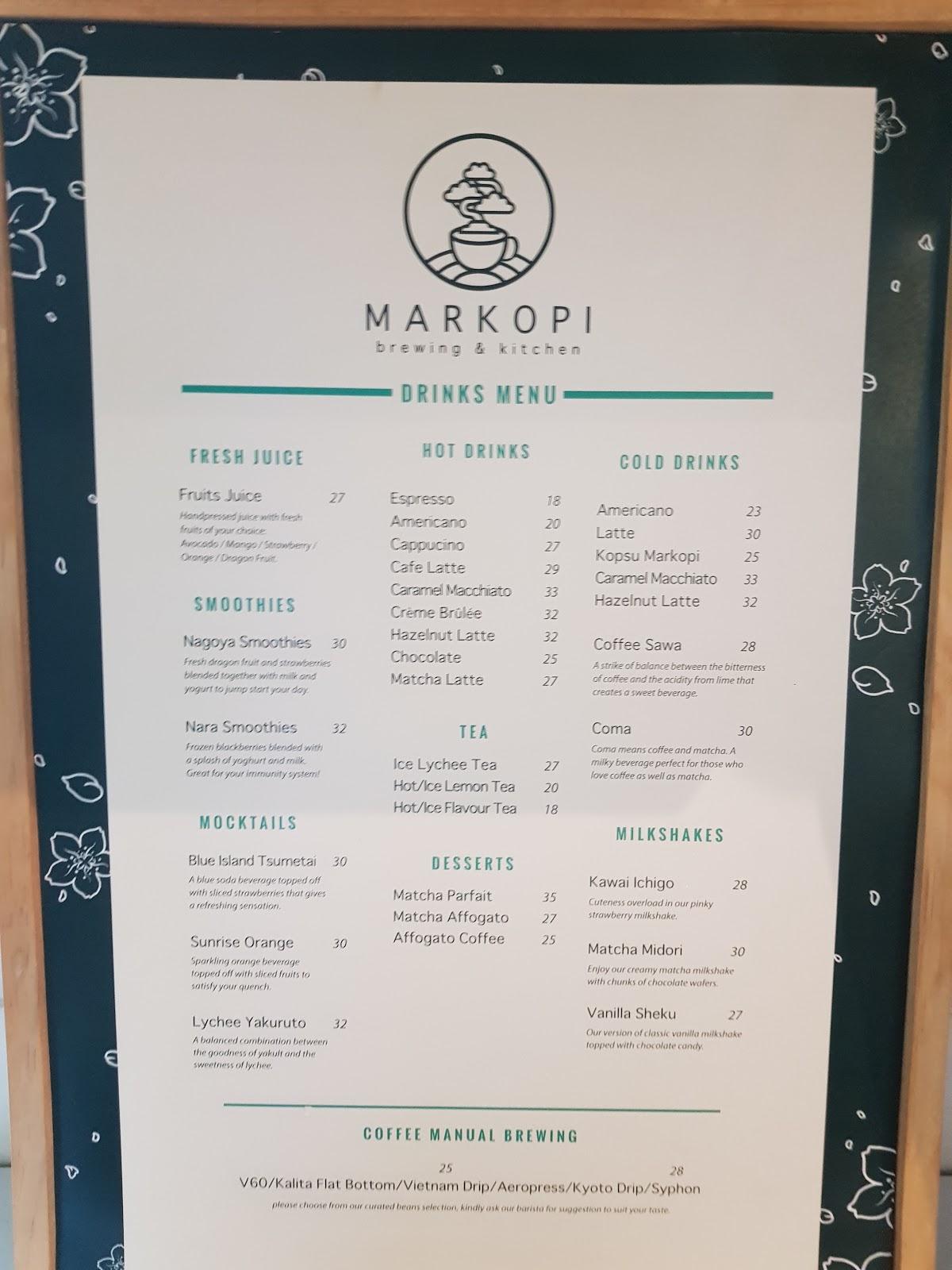 Menu at Markopi Brewing & Kitchen cafe, Bandung