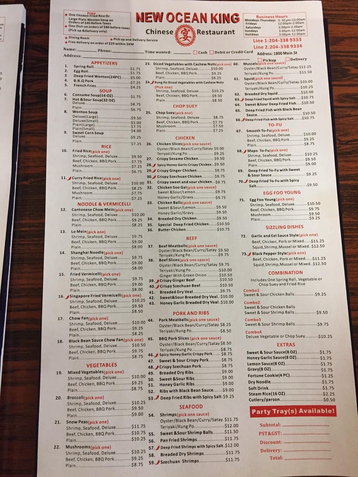 Menu at New Ocean King restaurant, Winnipeg