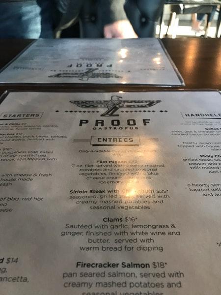 Menu at Proof pub & bar, Kennewick