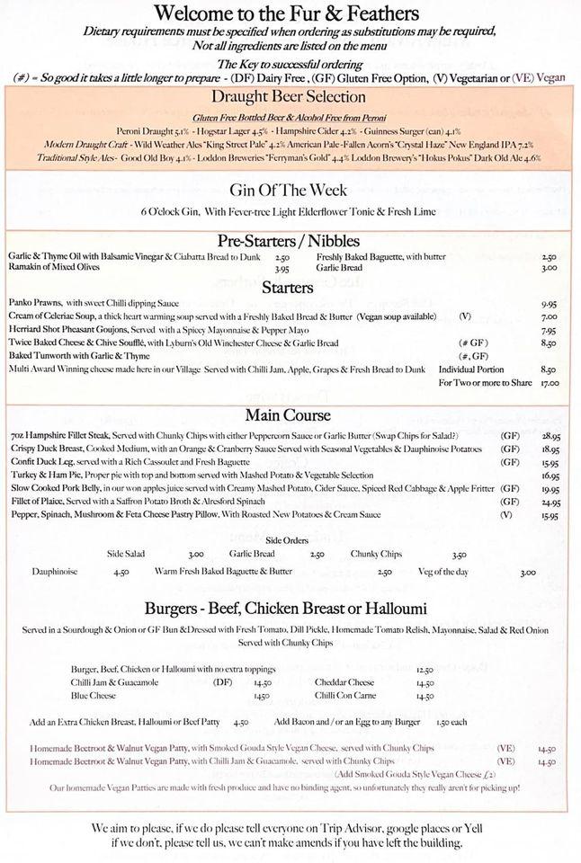 Menu at The Fur & Feathers pub & bar, Basingstoke