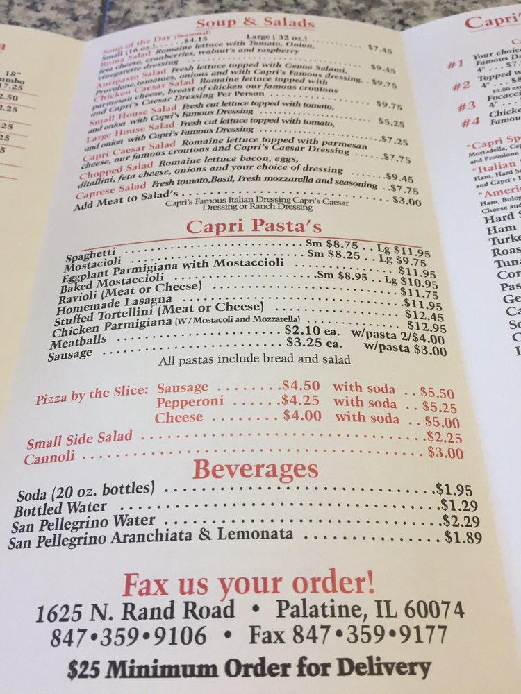 Menu at Capri Deli & Pizza In Palatine pizzeria, Palatine