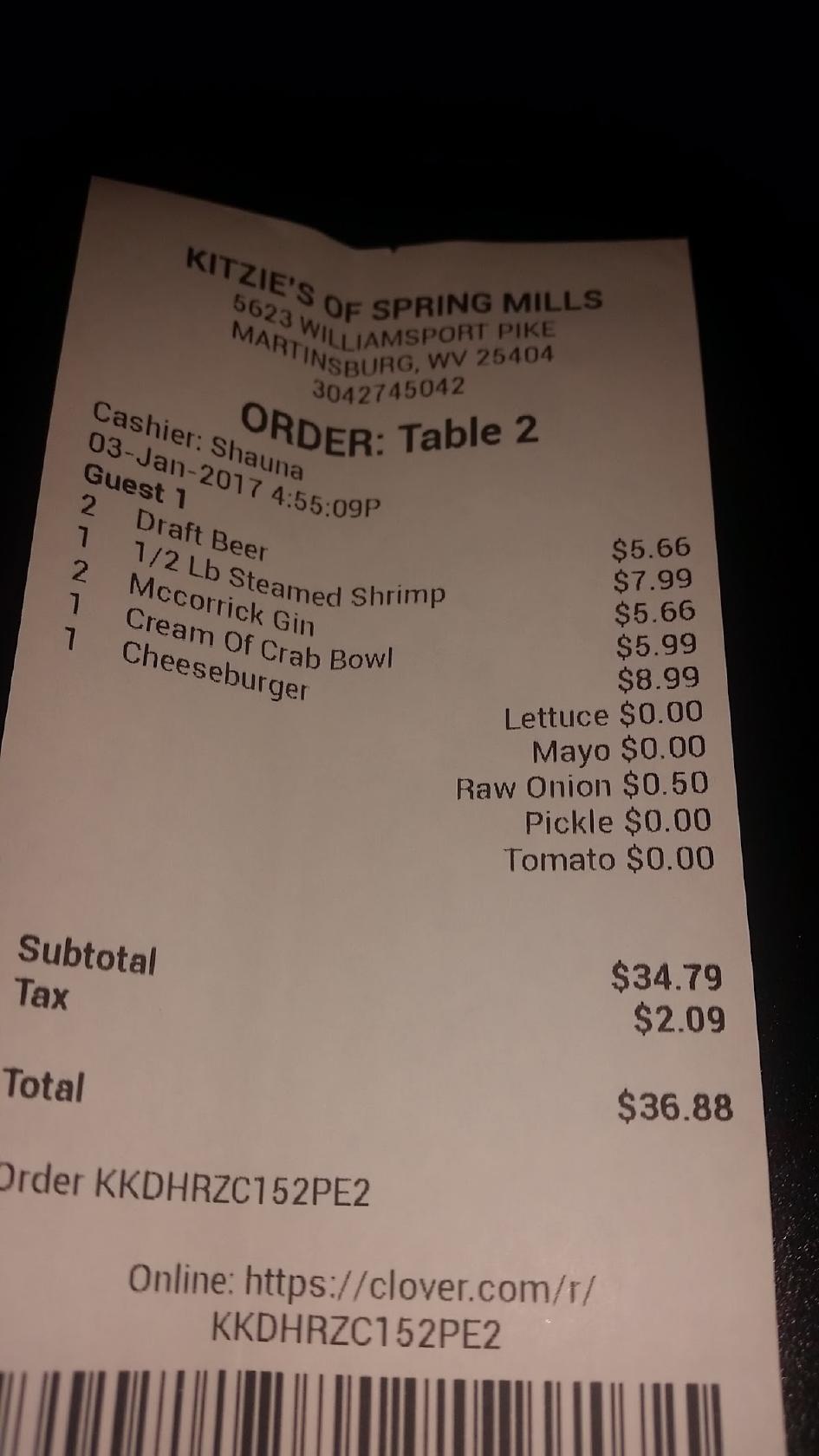 Menu at Kitzie's of Spring Mills restaurant, Falling Waters ...