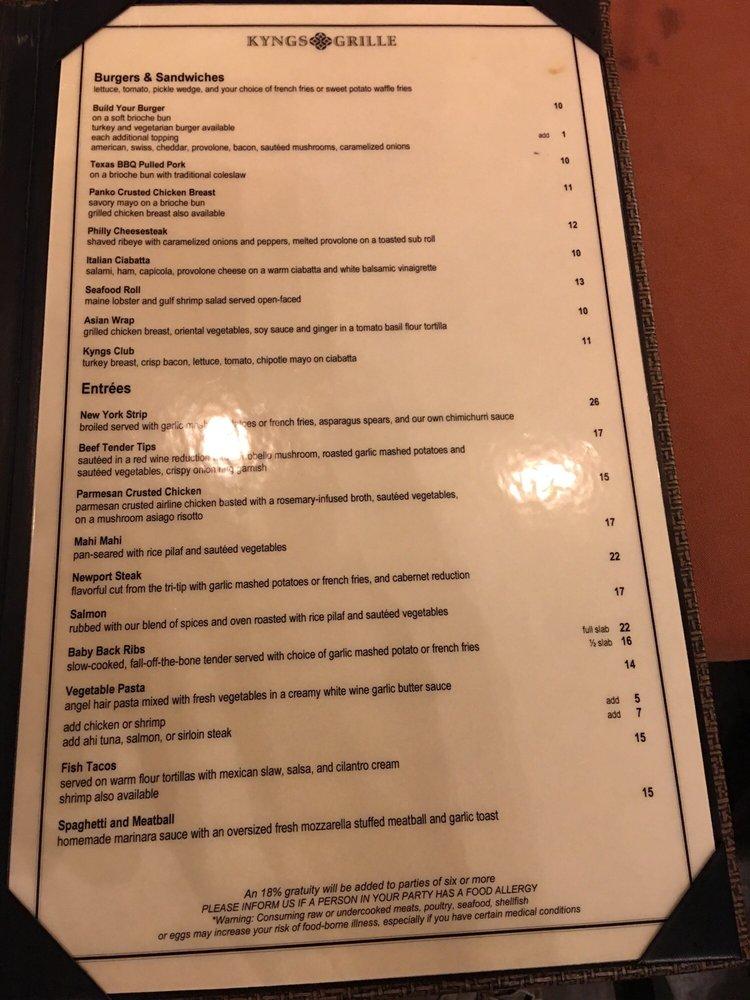 Menu at Kyngs Grille restaurant, Kissimmee