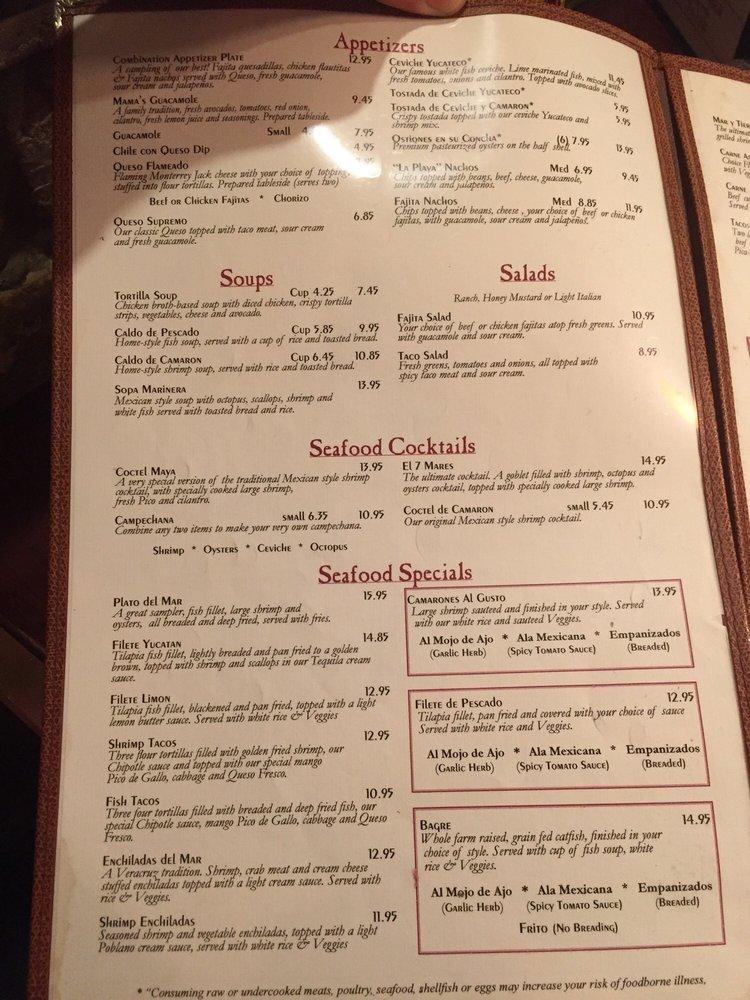 Menu at La Playa Maya restaurant, Fort Worth, Sunset Dr