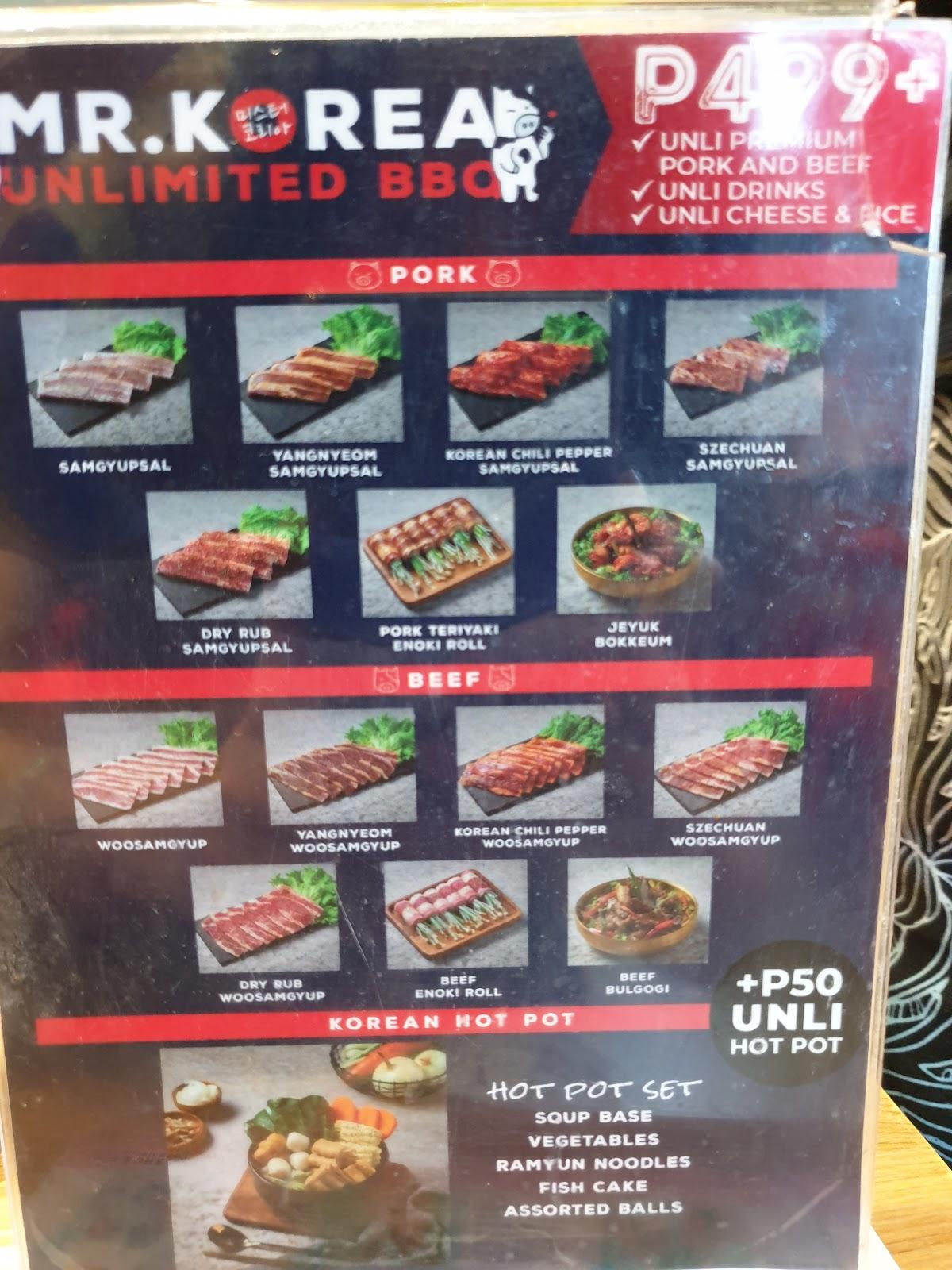 Menu at Mr. Korea Unlimited BBQ, Makati, 2nd floor