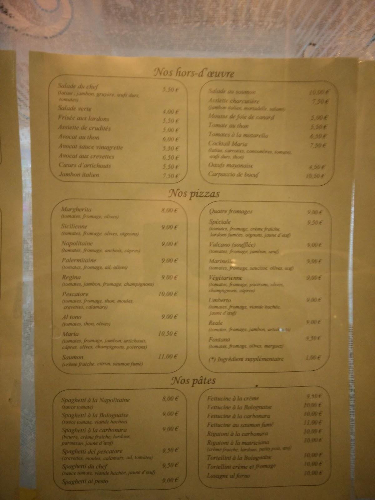 Menu at Pizza Maria restaurant, Paris