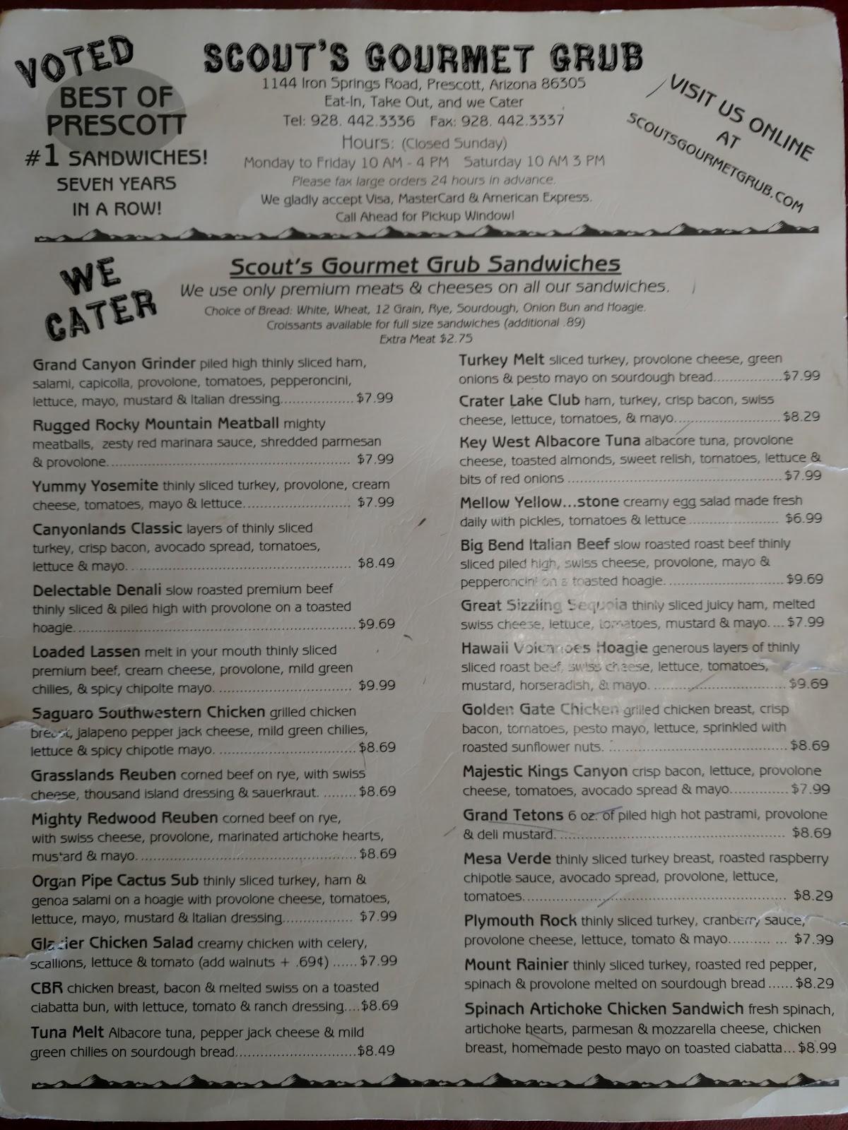 Menu at Scout's Gourmet Grub restaurant, Prescott