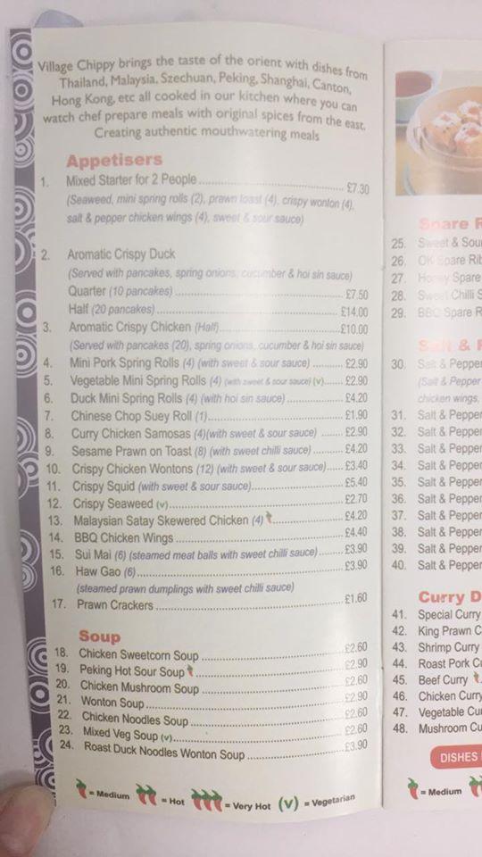 Menu at Village Chippy fast food, Stalybridge
