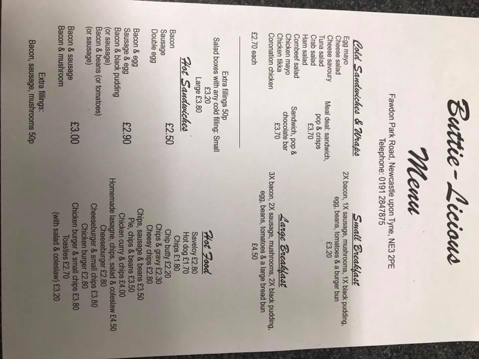 Menu at Buttie-licious cafe, Newcastle upon Tyne