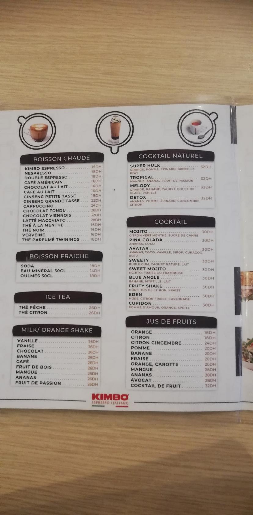 Menu at Kimbo cafe, Rabat