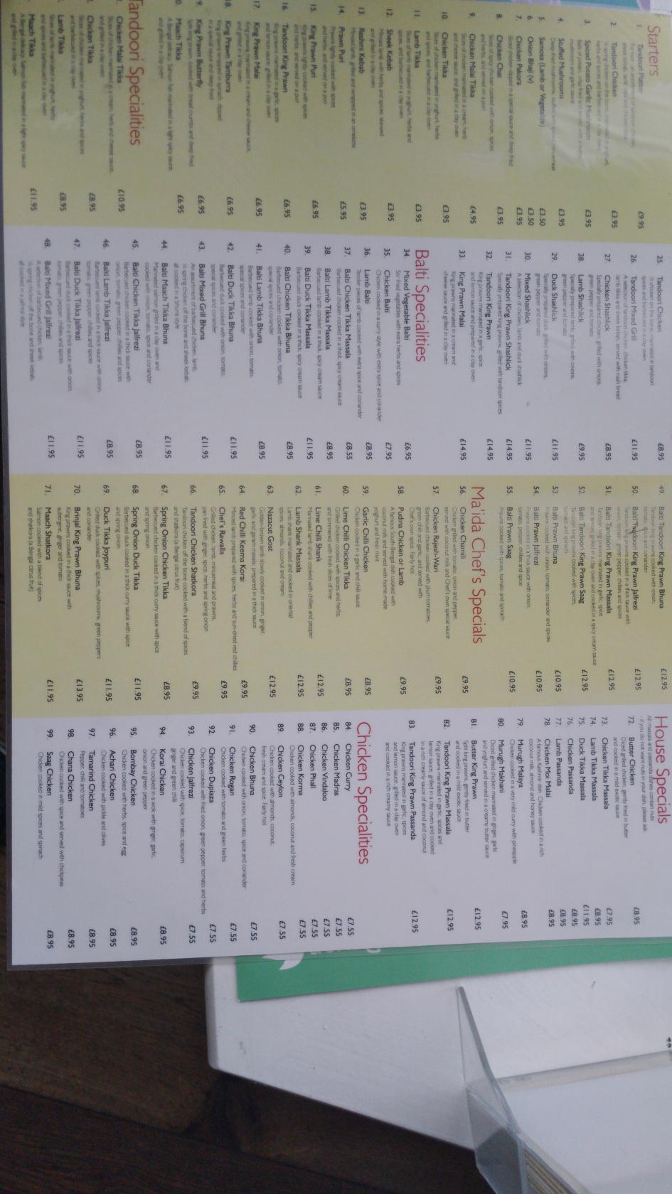 Menu at Ma'ida restaurant, Okehampton