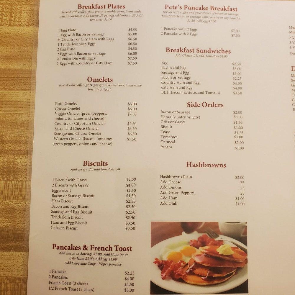 Menu at Pete's Grill restaurant, Gibsonville