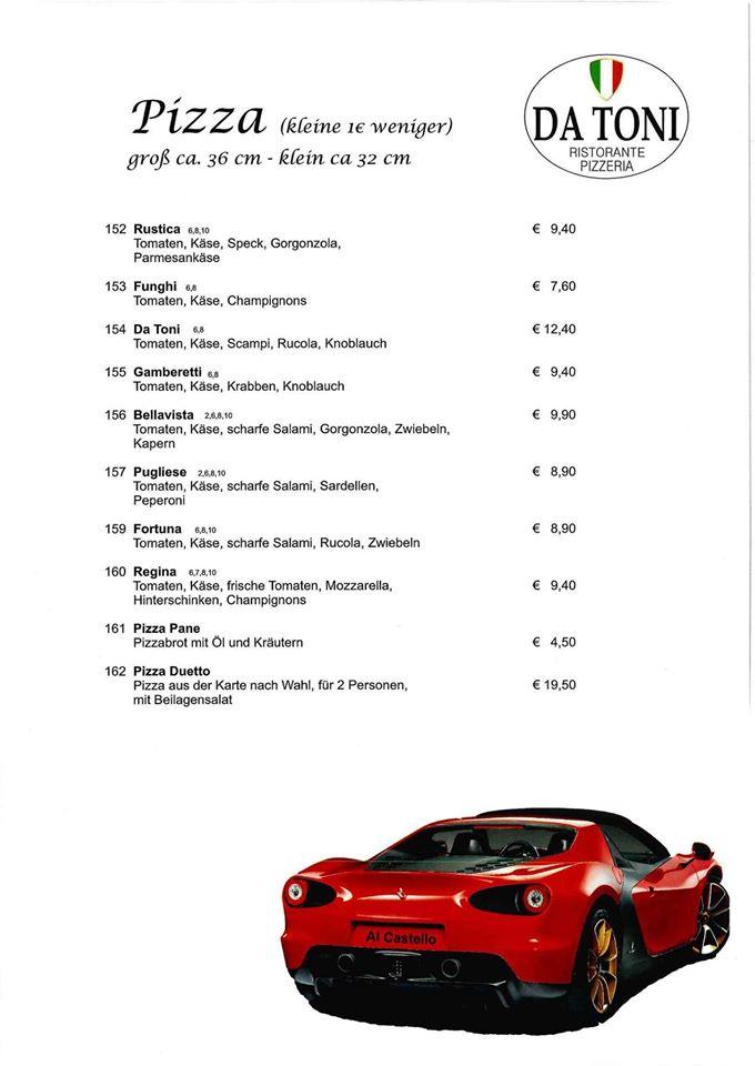 Speisekarte von Pizzeria Da Toni, Trunkelsberg