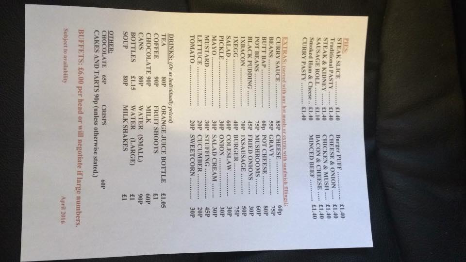 Menu at Ross Pastry Products, Cinderford