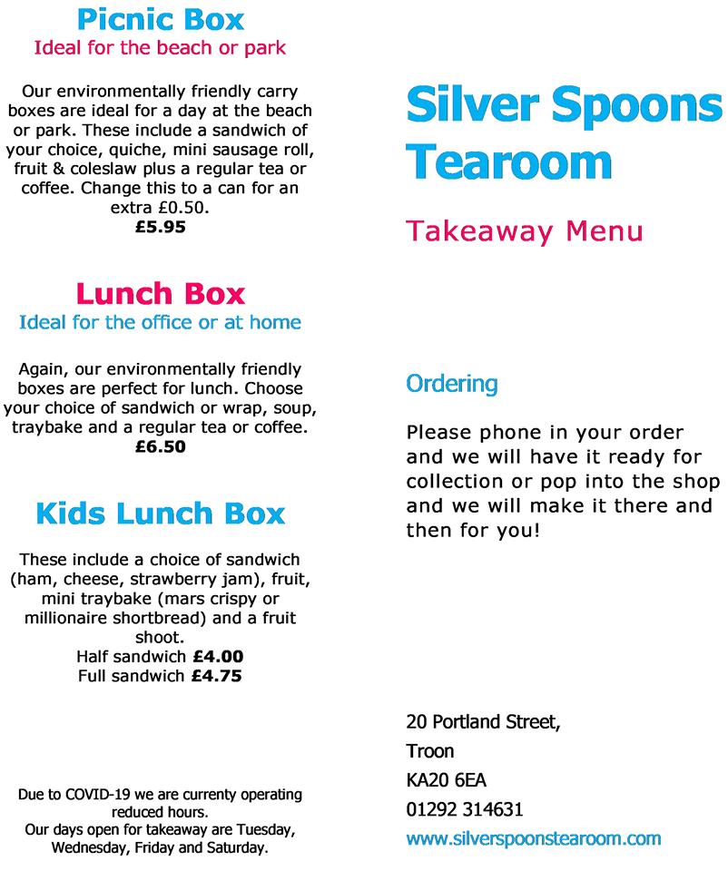 Menu at Silver Spoons Tearoom cafe, Troon