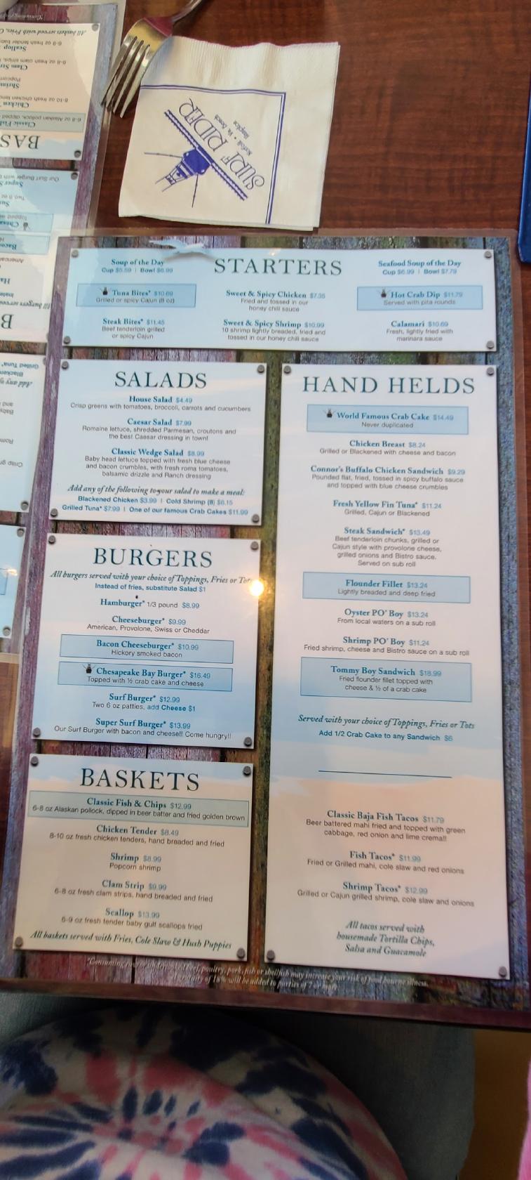 Menu at Surf Rider restaurant, Chesapeake, Old Taylor Rd