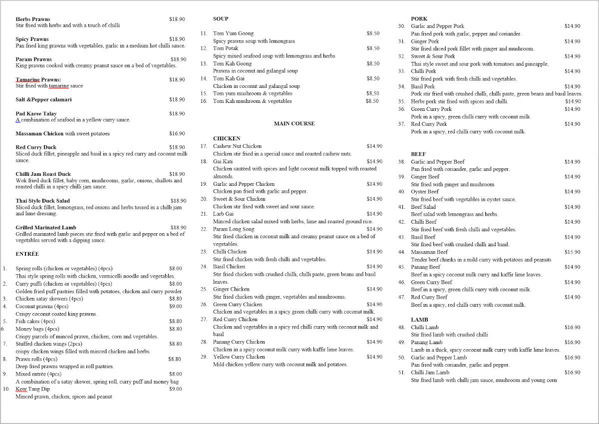 Menu at Thai Bay restaurant, Caringbah