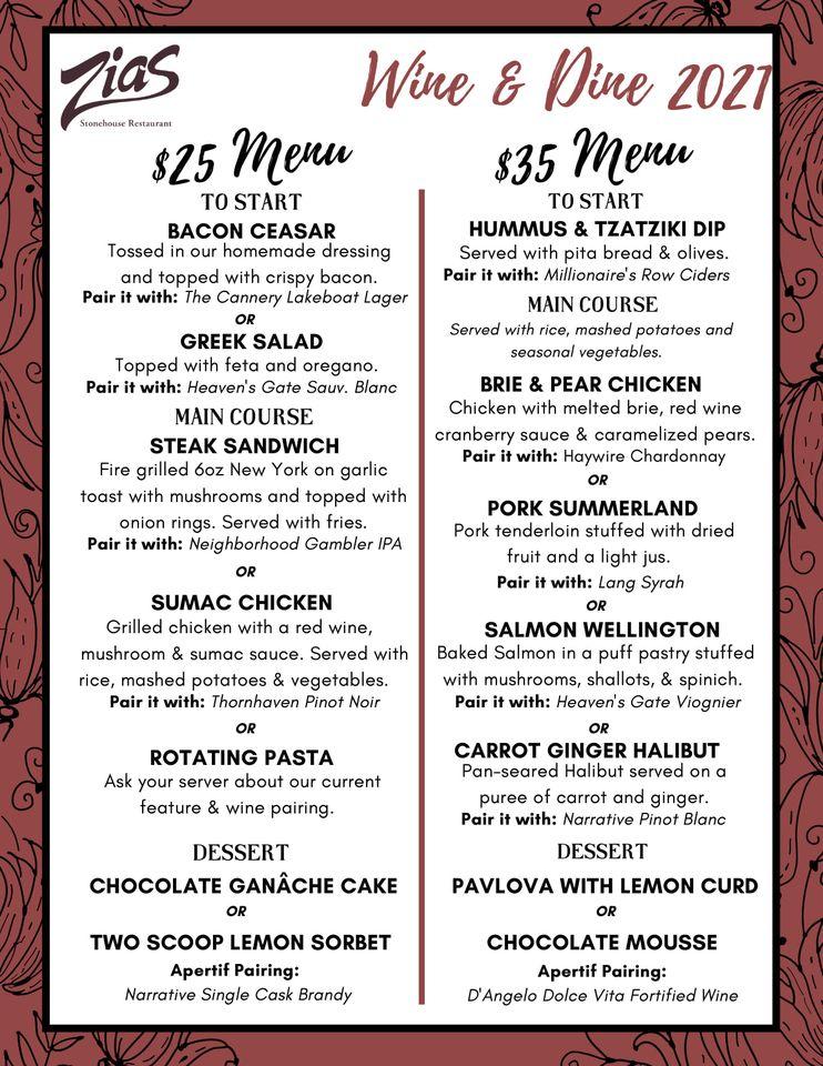 Menu at Zias Stonehouse Restaurant, Summerland