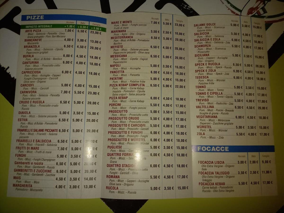 Menu at Arte Pizza restaurant, Carugo, Via Luigi Cadorna