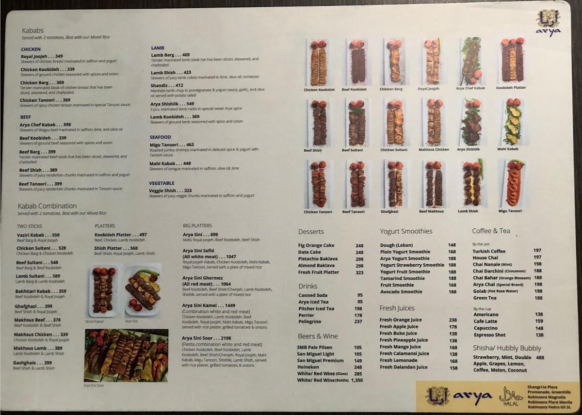 Menu at Arya Persian Restaurant, Manila, Zone 072, Level 2 Space 161 ...