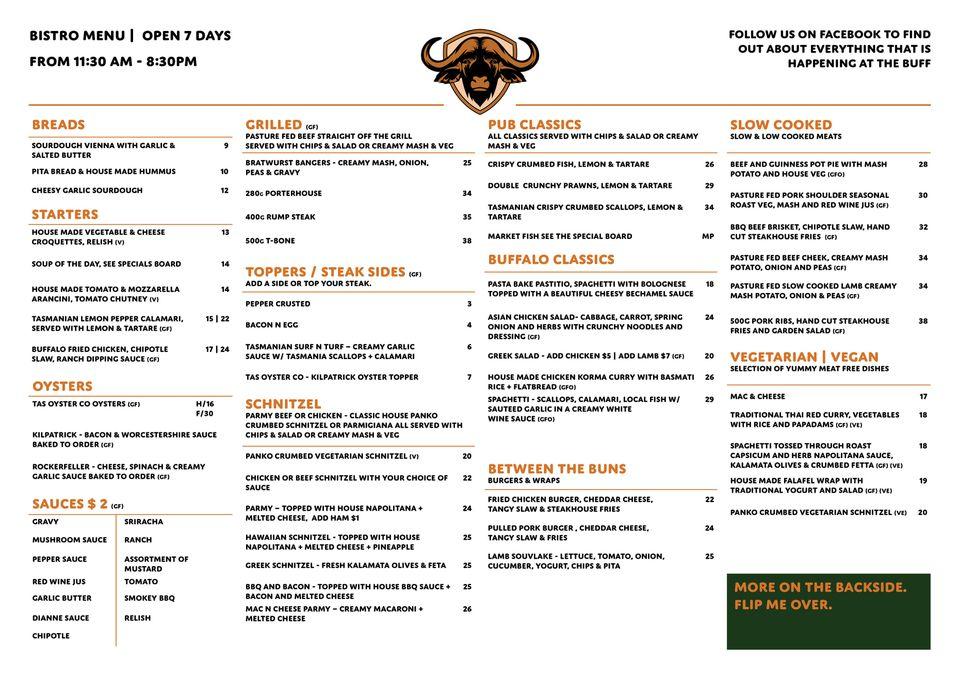 Menu at Black Buffalo Hotel pub & bar, North Hobart