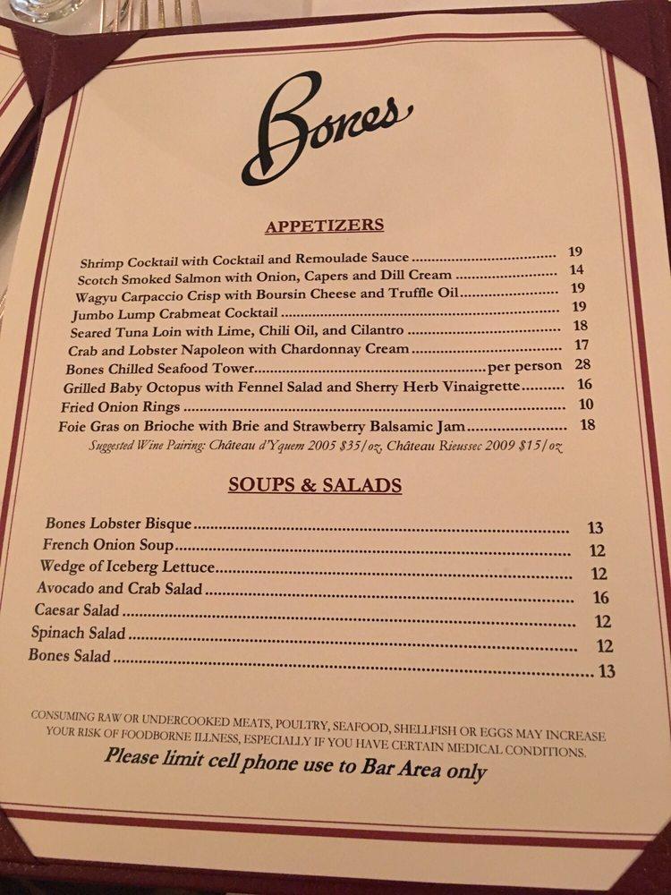 Menu at Bones Restaurant, Atlanta