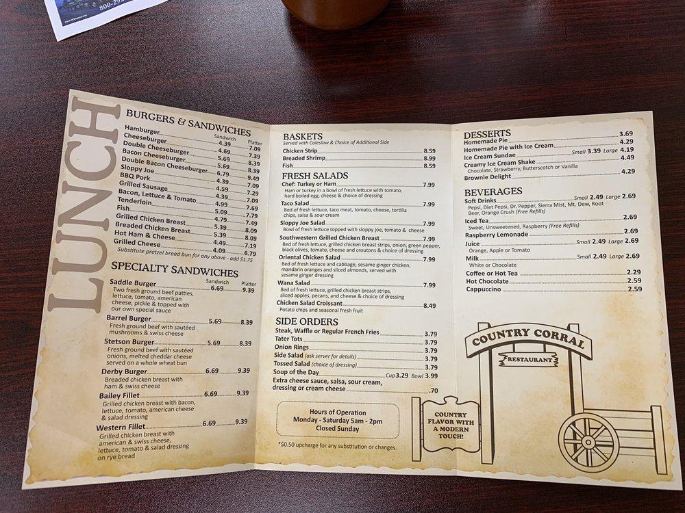 Menu at Country Corral Restaurant, Shipshewana