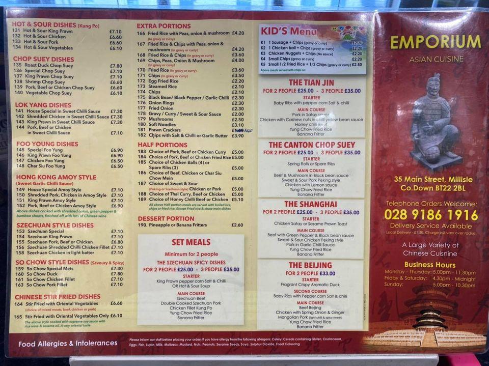 Menu at Emporium Asian Cuisine restaurant, Millisle