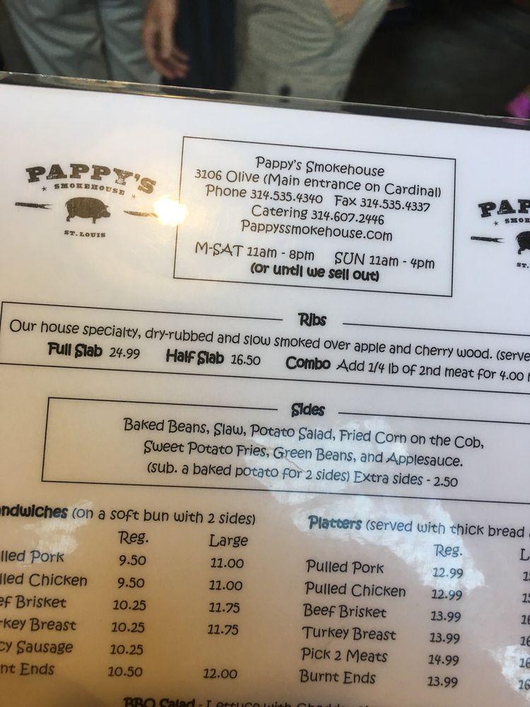 Menu at Pappy's Smokehouse BBQ, St. Louis